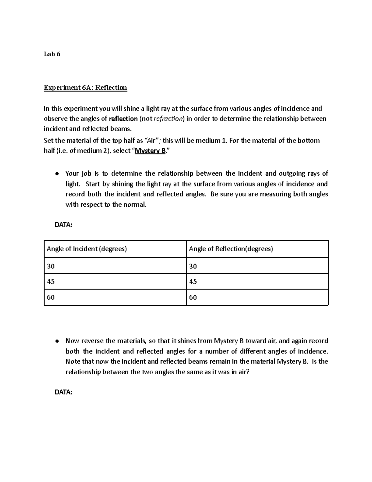 Phys 132 summer Lab 6 - Lab 6 Experiment 6A: Reflection In this ...