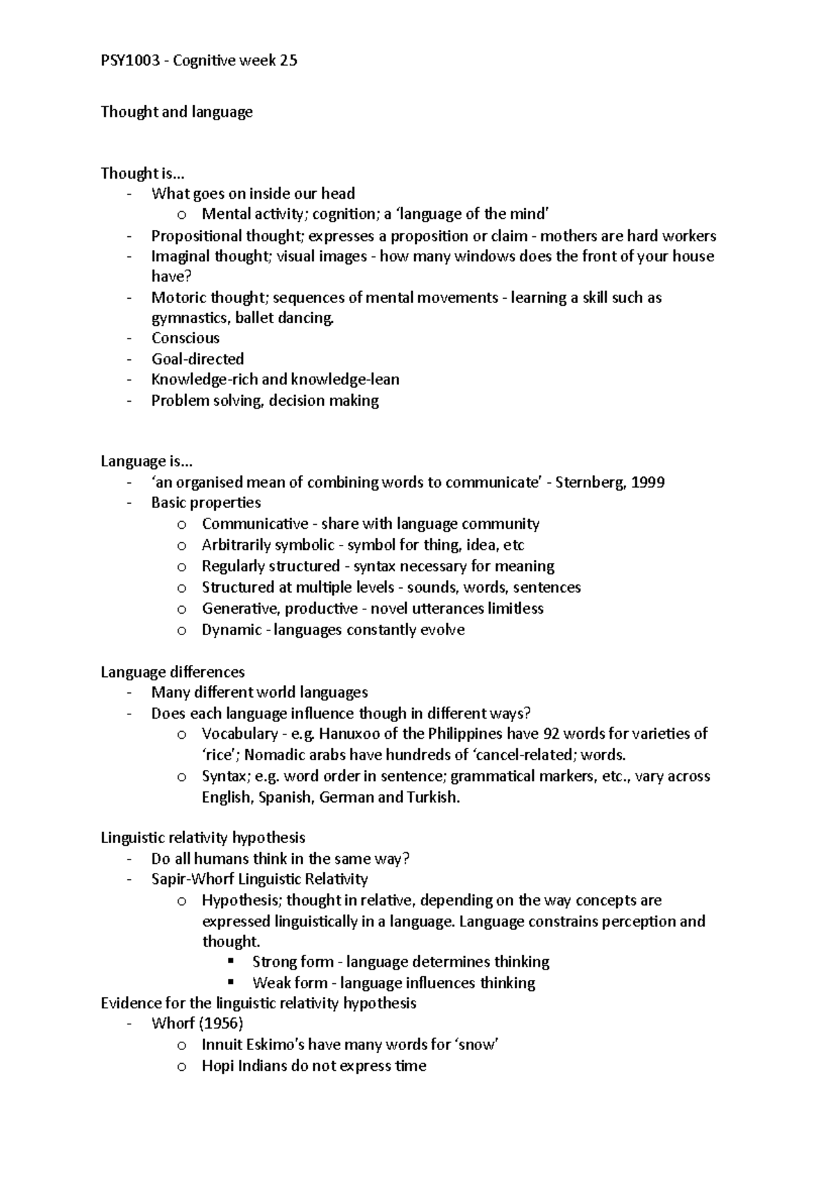 Thought and language 25 - PSY1003 - Cognitive week 25 Thought and ...