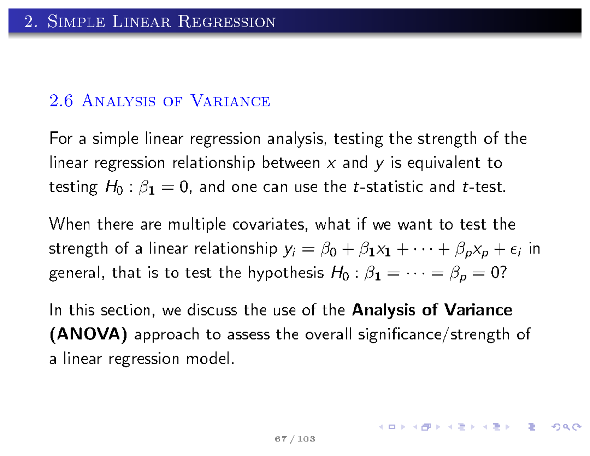 S2-SLR- Anova - Lecture notes 2 - 2 Analysis of Variance For a simple ...