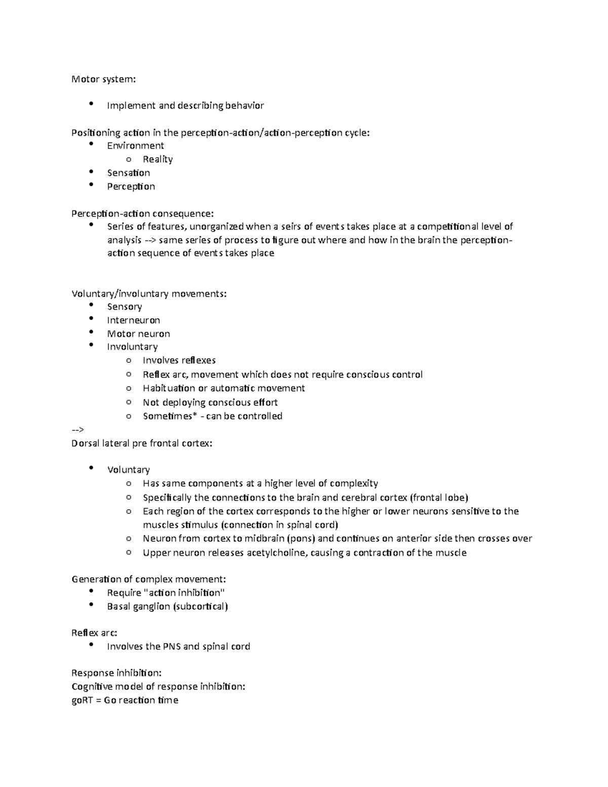 Motor system week 5 - Cognitive behavioural psychology 2220 final ...