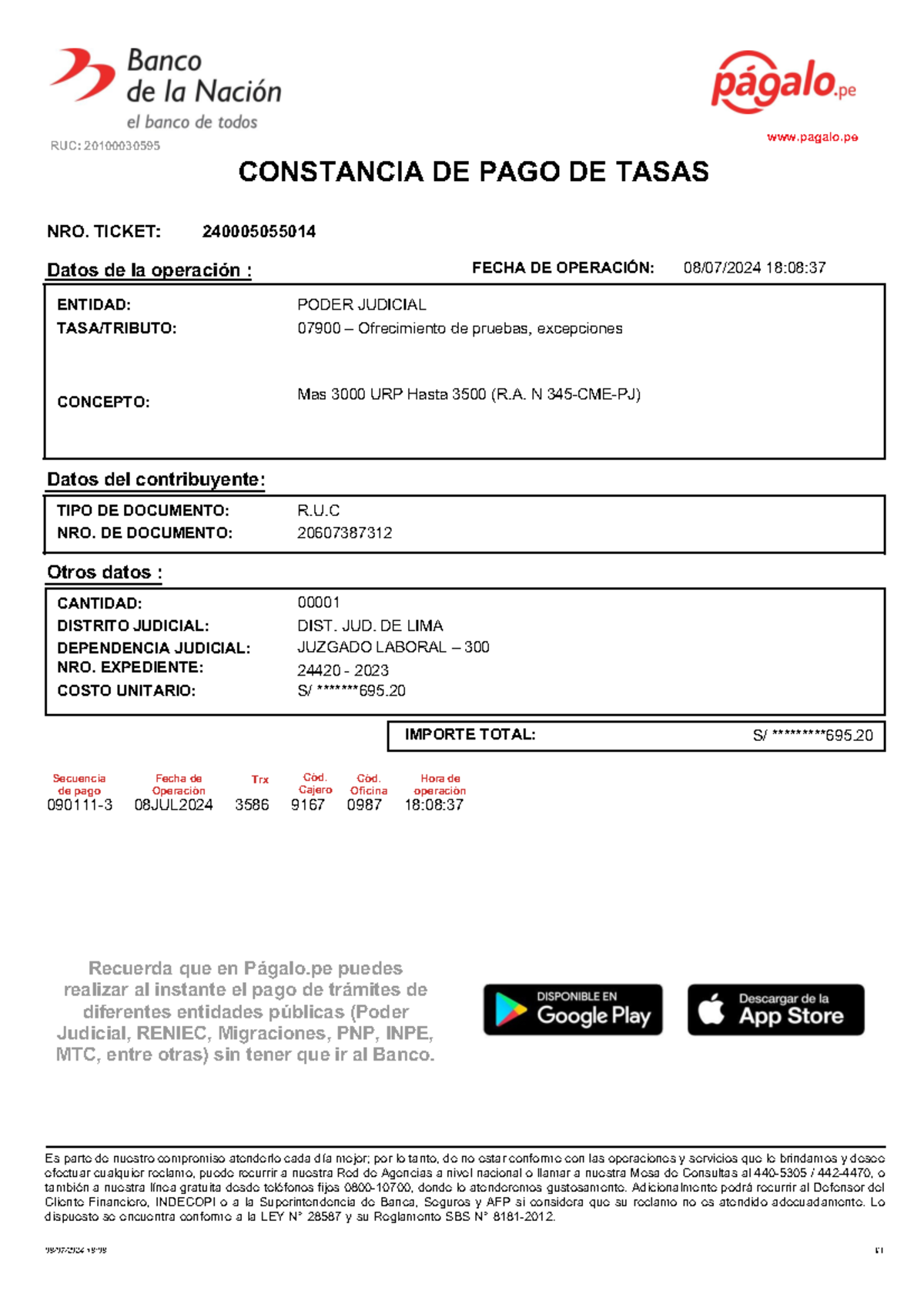 Descargar Constancia Token (36) Insalud - RUC: 20100030595 CONSTANCIA DE PAGO DE TASAS pagalo ...