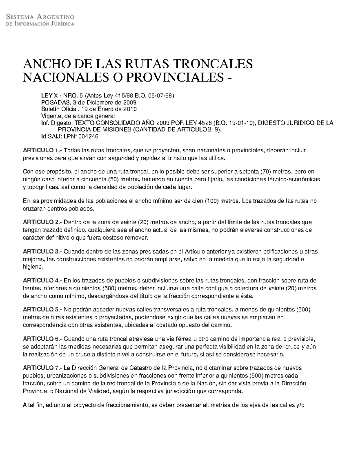 Ancho DE LAS Rutas Troncales Nacionales O Provinciales - ANCHO DE LAS ...