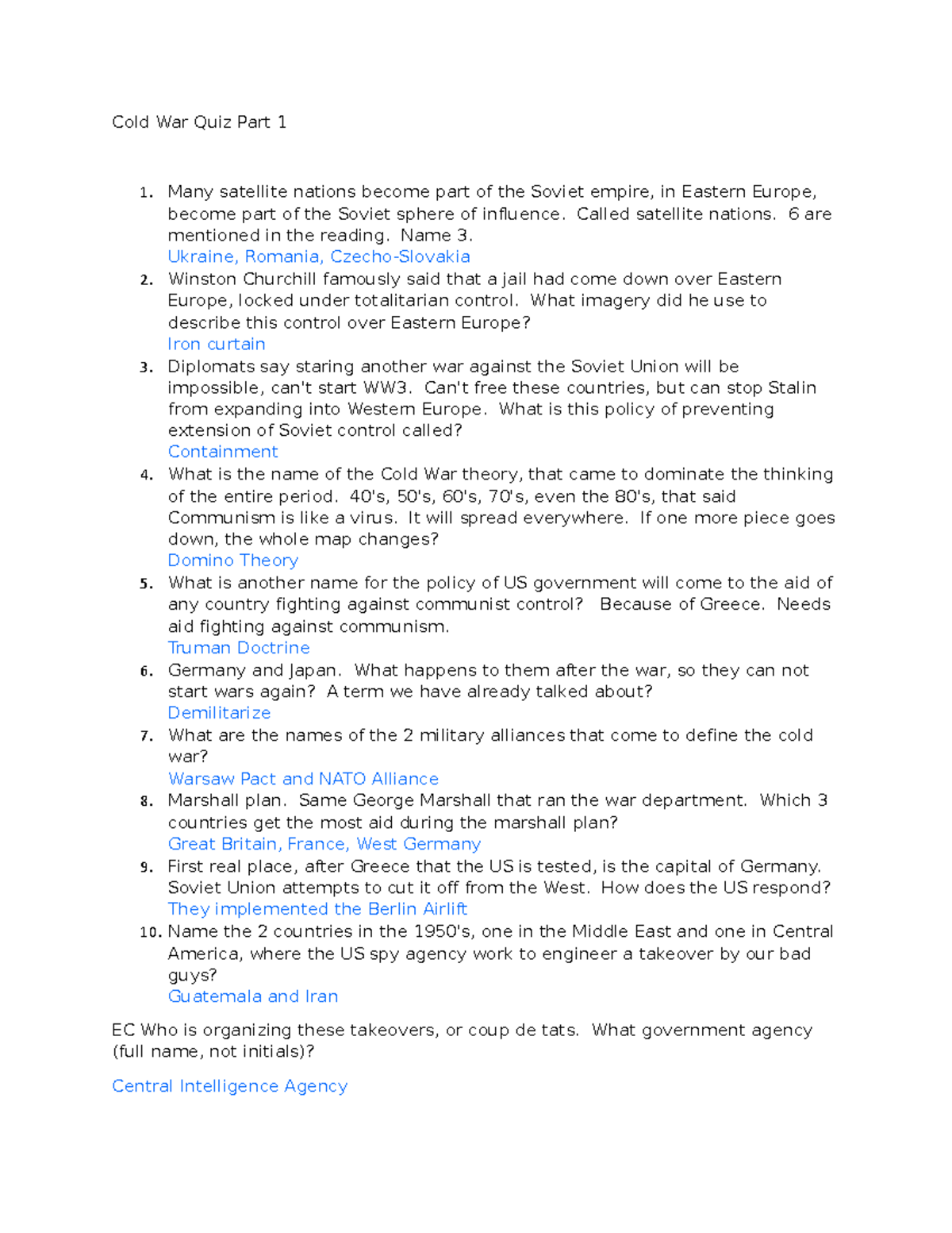 Cold War Quiz Part 1 No answers - Cold War Quiz Part 1 Many satellite ...