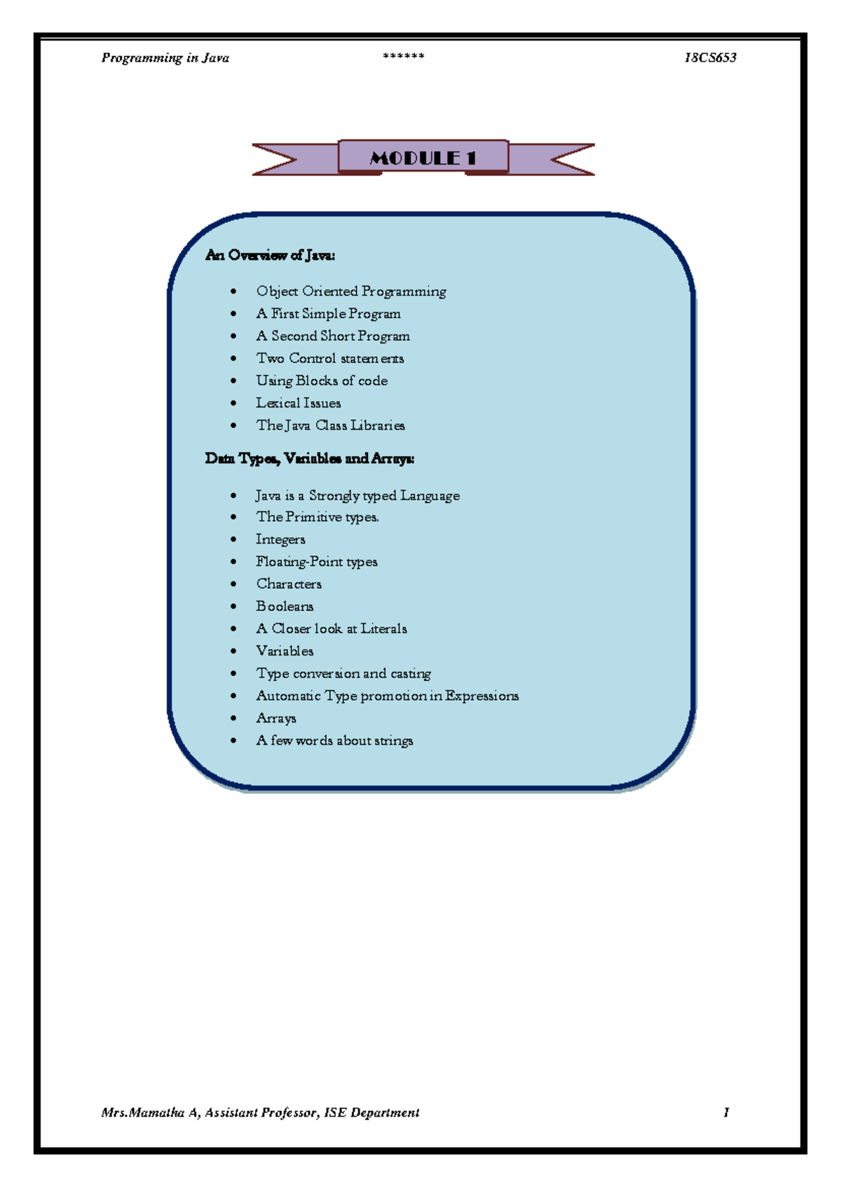 Module I - mod1 - MODULE 1 An Overview of Java: Object Oriented Programming A First Simple - Studocu