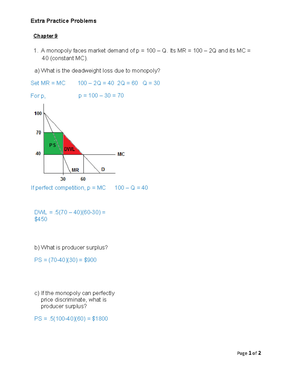Chapter 9 and 10 Practice Problems ANS - Extra Practice Problems Chapter 9 1. A monopoly faces ...