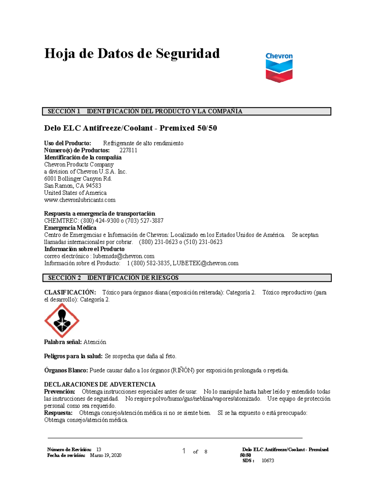 Hoja-de-seguridad Chevron Delo 50-50 ELC B - - Studocu