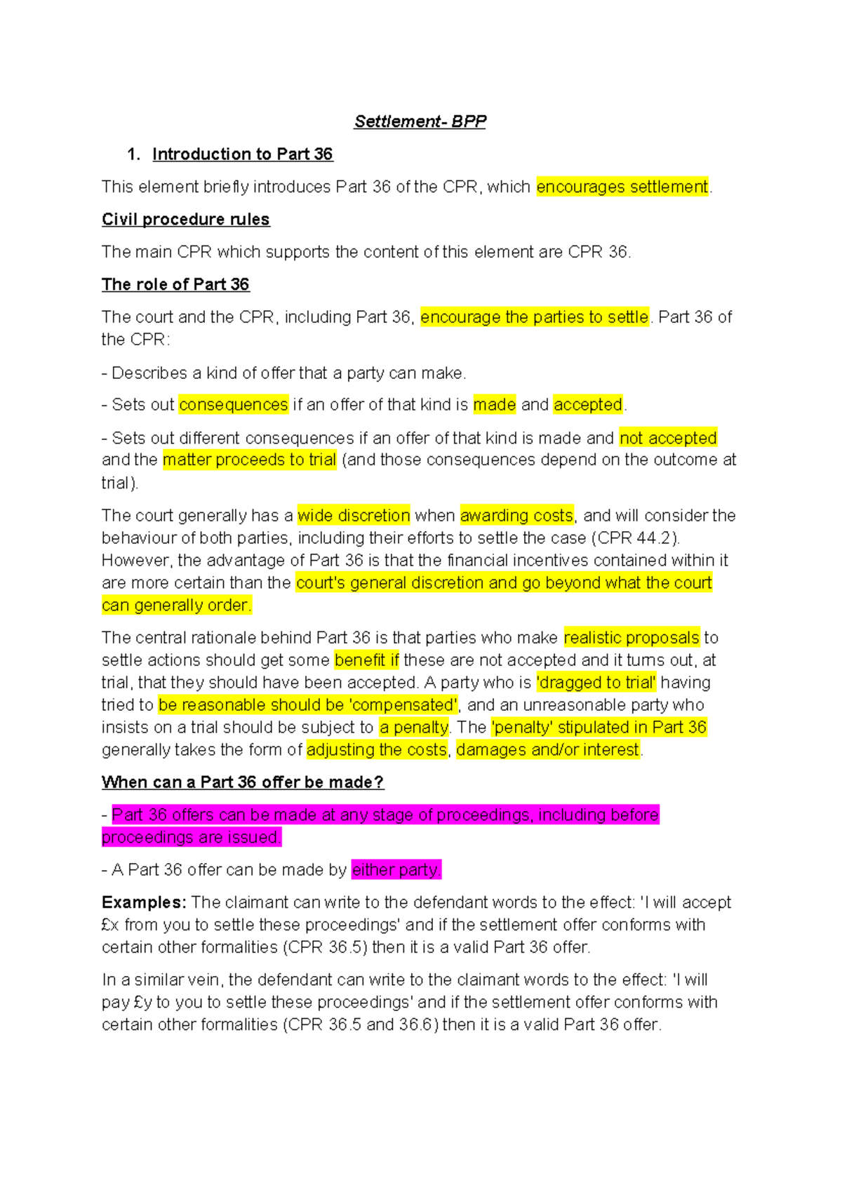 Settlement BPP - Good - Settlement- BPP Introduction to Part 36 This element briefly introduces ...