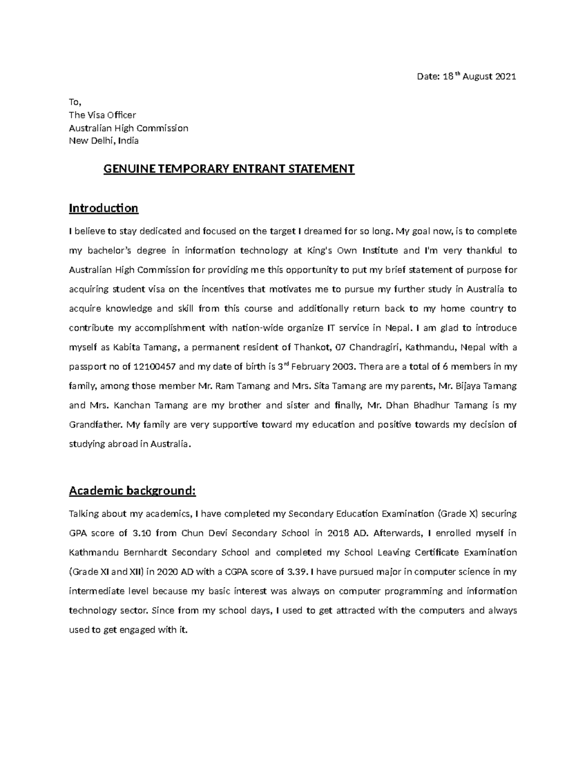 Genuine temporary entrant statement kabita - Date: 18 th August 2021 To ...