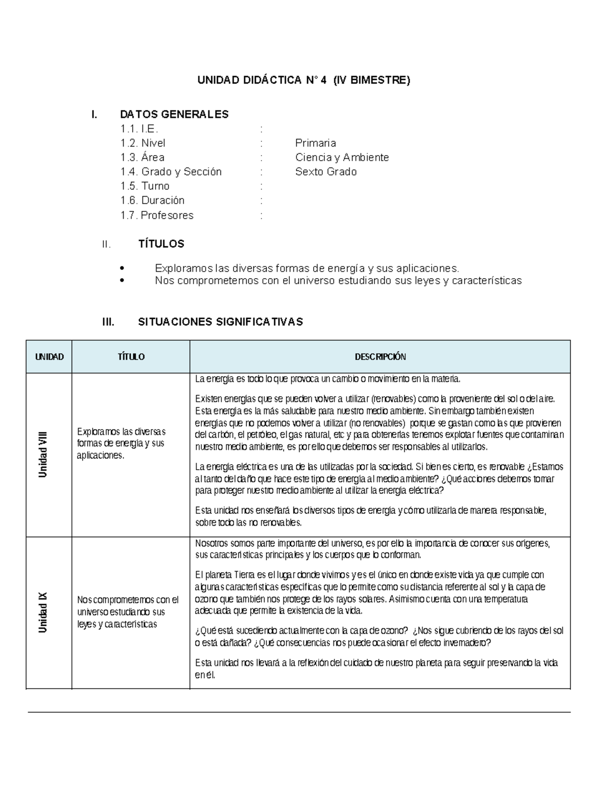 6P CYA Unidad didáctica 4 Npf Nx FH - UNIDAD DIDÁCTICA N° 4 (IV ...