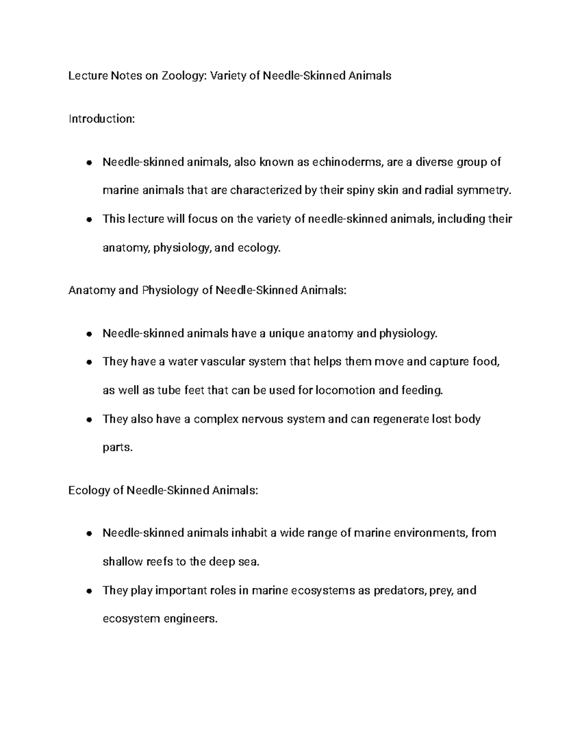 Lecture Notes on Zoology Variety of Needle-Skinned Animals - Lecture ...