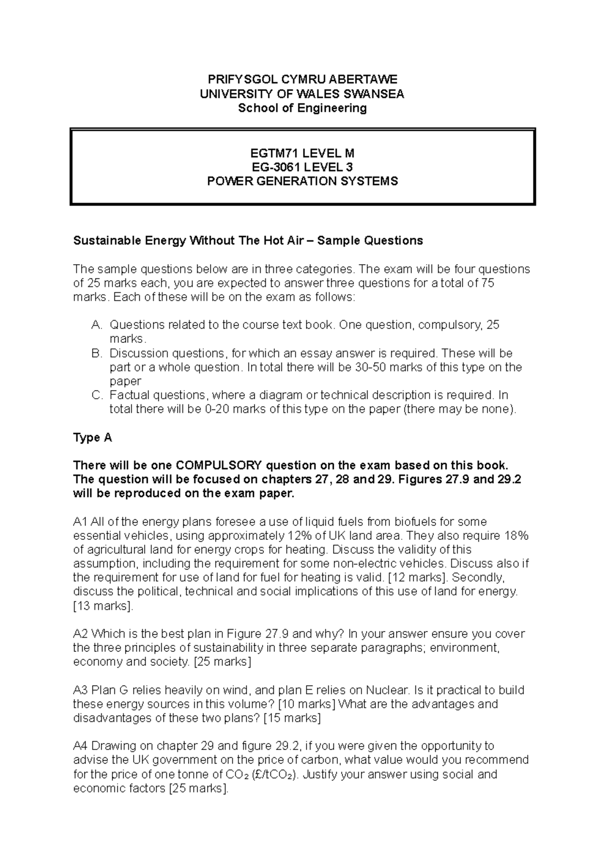 Sample/practice exam 16 October 2019, questions - PRIFYSGOL CYMRU ...
