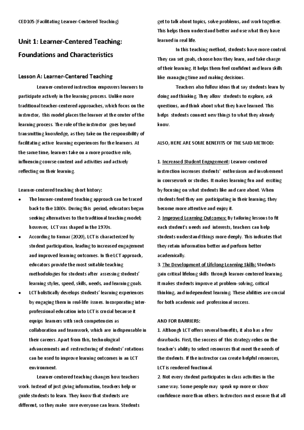 CED105 Reviewer - CED105 (Facilitating Learner-Centered Teaching) Unit 1: Learner-Centered ...