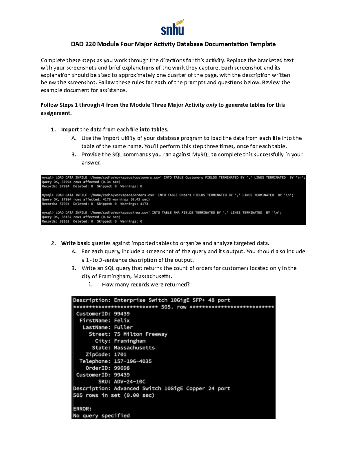 DAD 220 Module Four Major Activity Database Documentation Template Jean ...