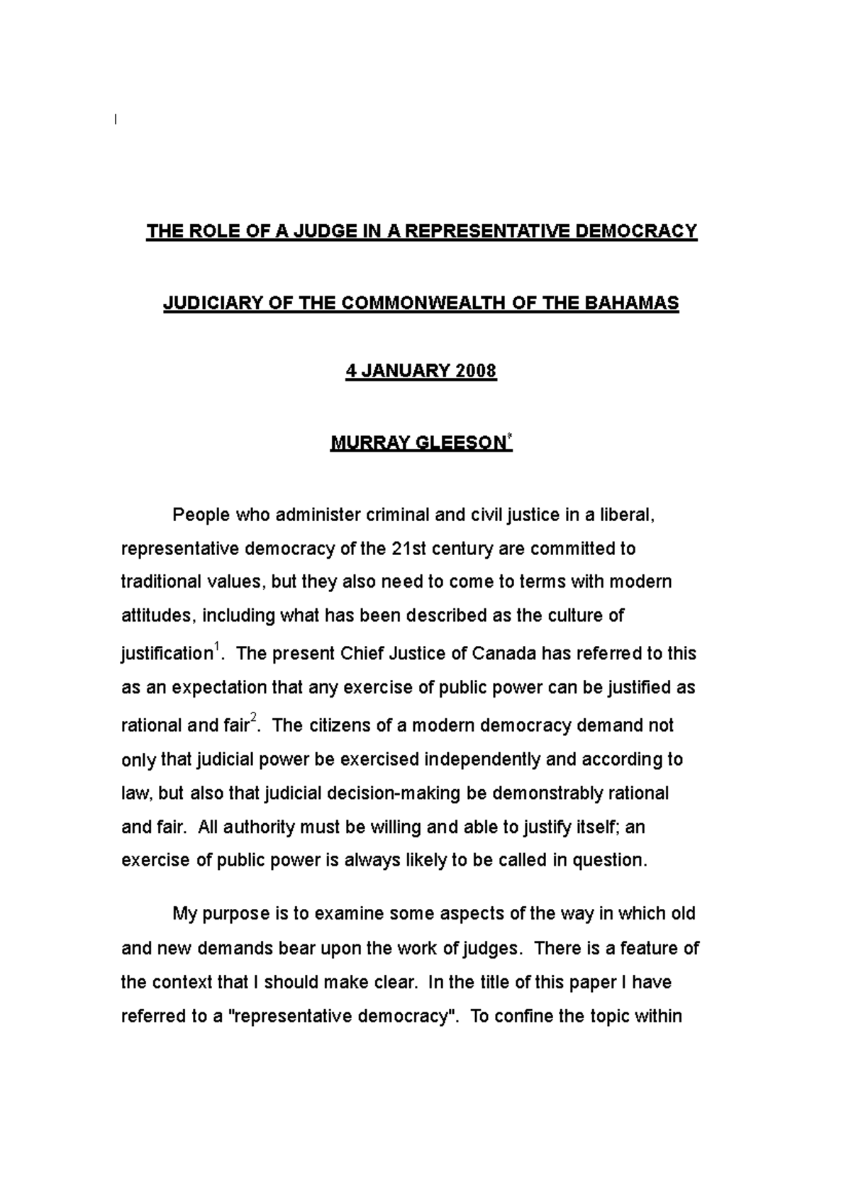 Gleeson 2008 - l THE ROLE OF A JUDGE IN A REPRESENTATIVE DEMOCRACY ...