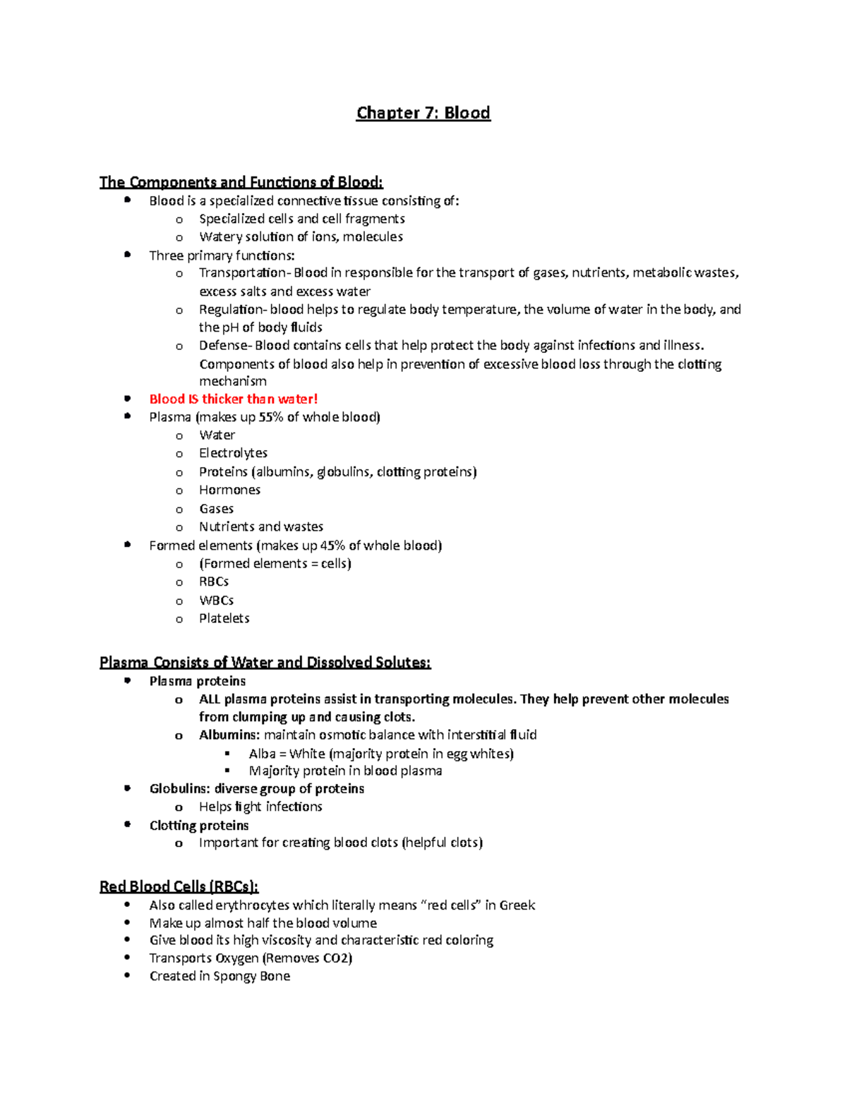 Chapter 7- Blood - Chapter 7: Blood The Components and Functions of ...