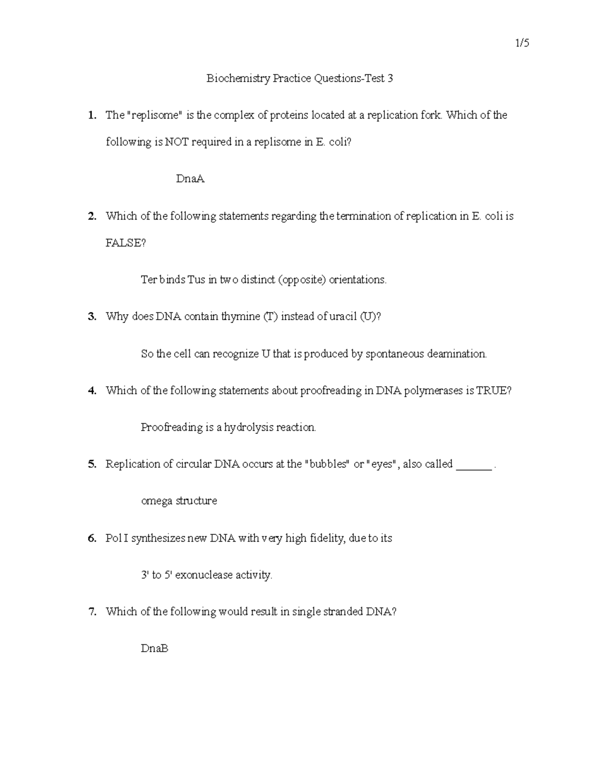 Biochemistry Practice Questions-Test 3 - Which of the following is NOT ...