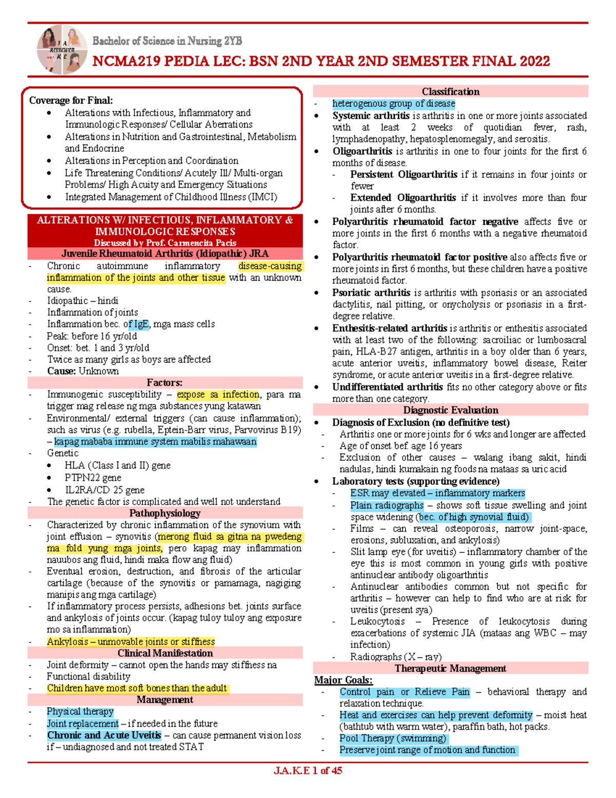 NCMA219 LEC Final - reviewer - Bachelor of Science in Nursing 2 YB NCMA 219 PEDIA LEC: BSN 2 ND ...