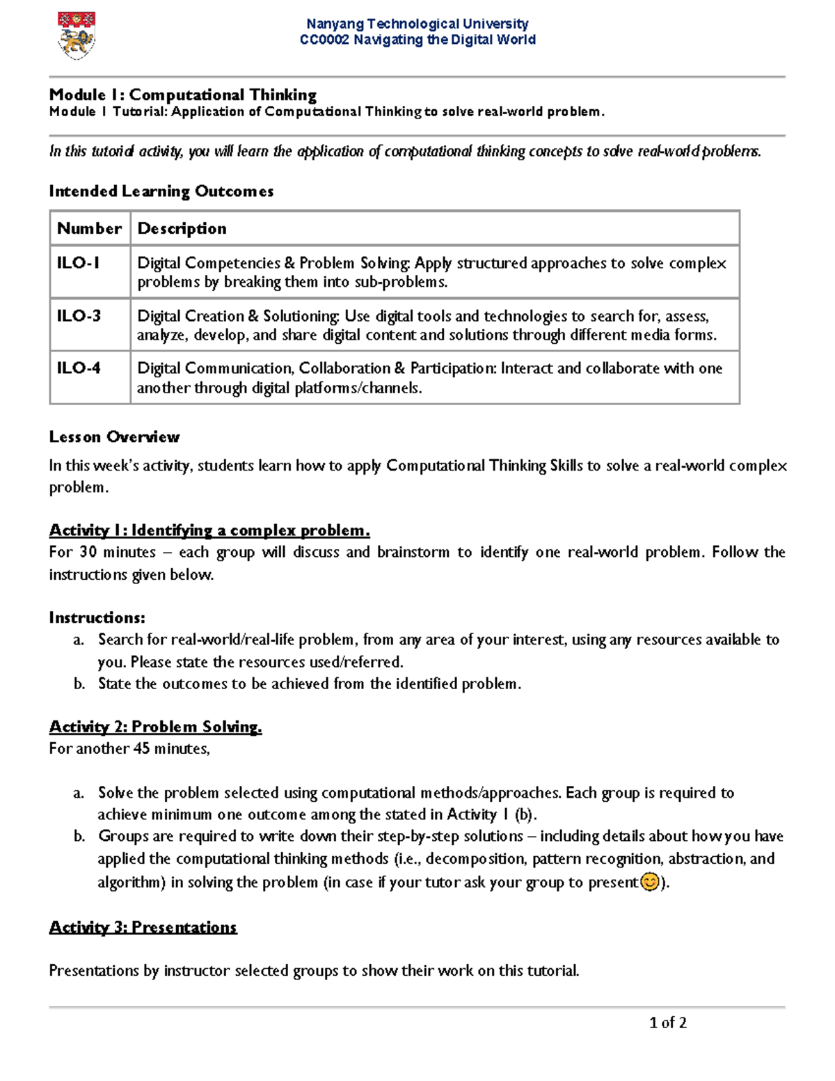 Week 3 Module 1 Tutorial (Students) - Nanyang Technological University CC0002 Navigating the ...