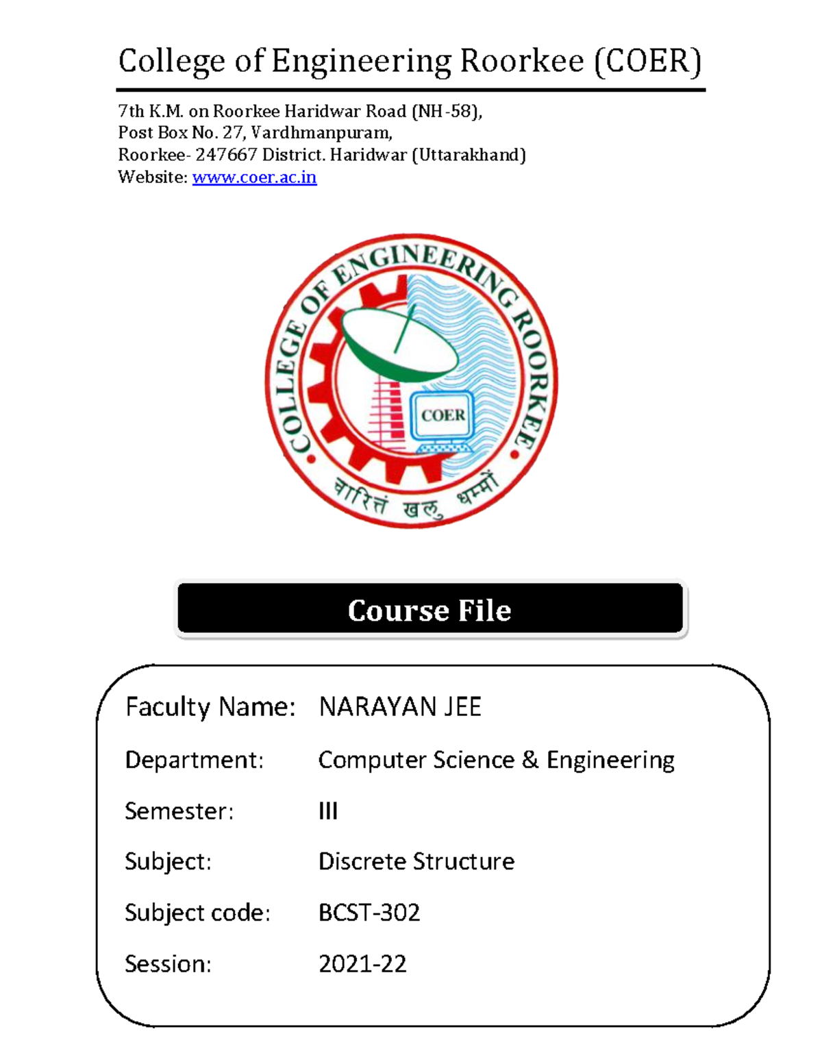 Discrete N JEE Course File 2021-22 - College of Engineering Roorkee ...