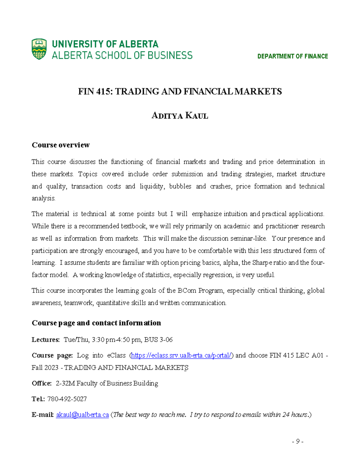 2023 Fall FIN 415 Lecture A01 - DEPARTMENT OF FINANCE FIN 415: TRADING ...