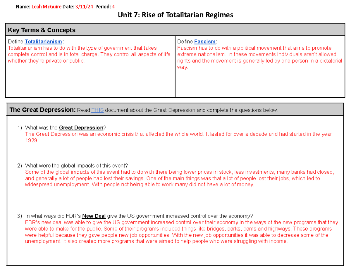 Totalitarian Regime - Name: Leah McGuire Date: 3/11/24 Period: 4 Unit 7 ...