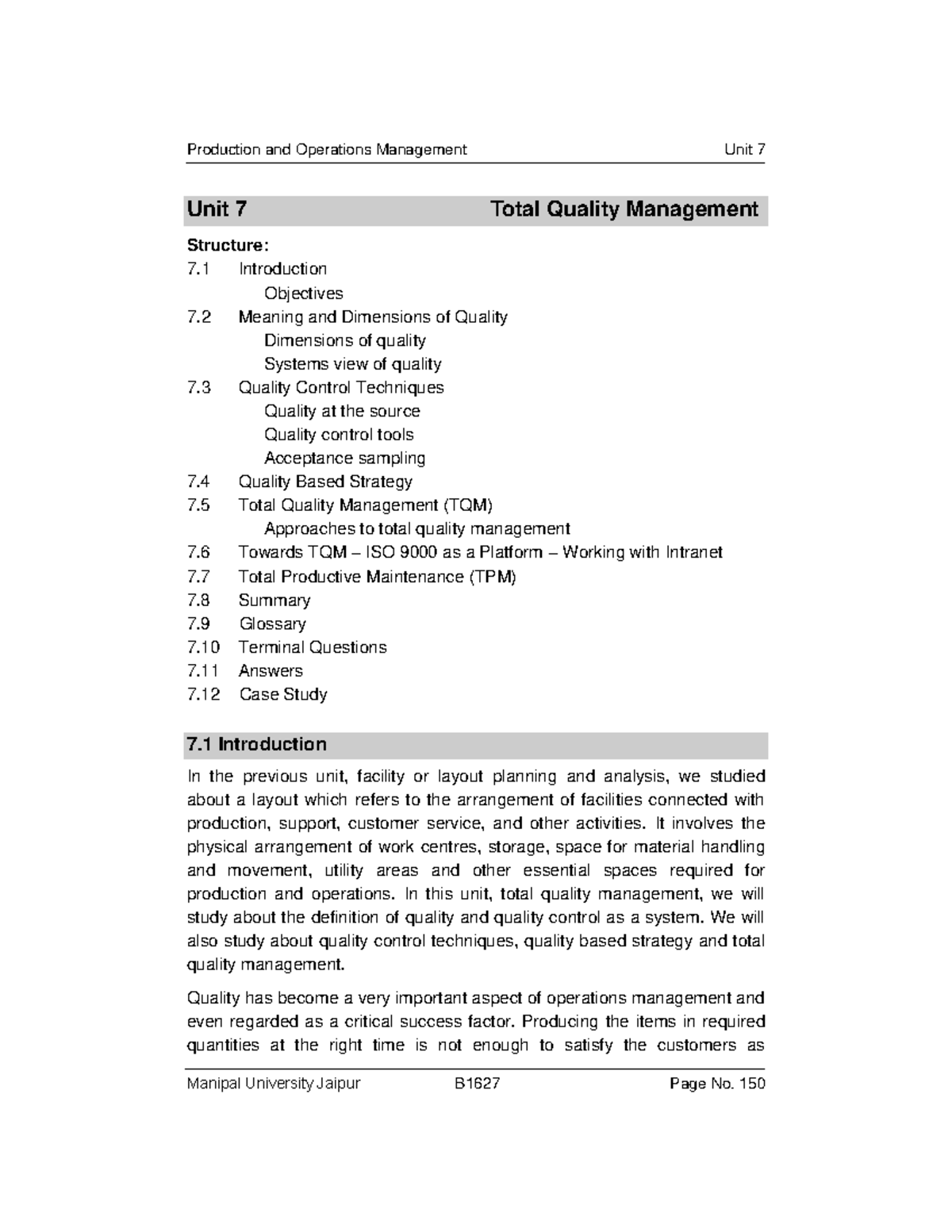 Unit 7 Total Quality Management - Unit 7 Total Quality Management Structure: 7 Introduction ...