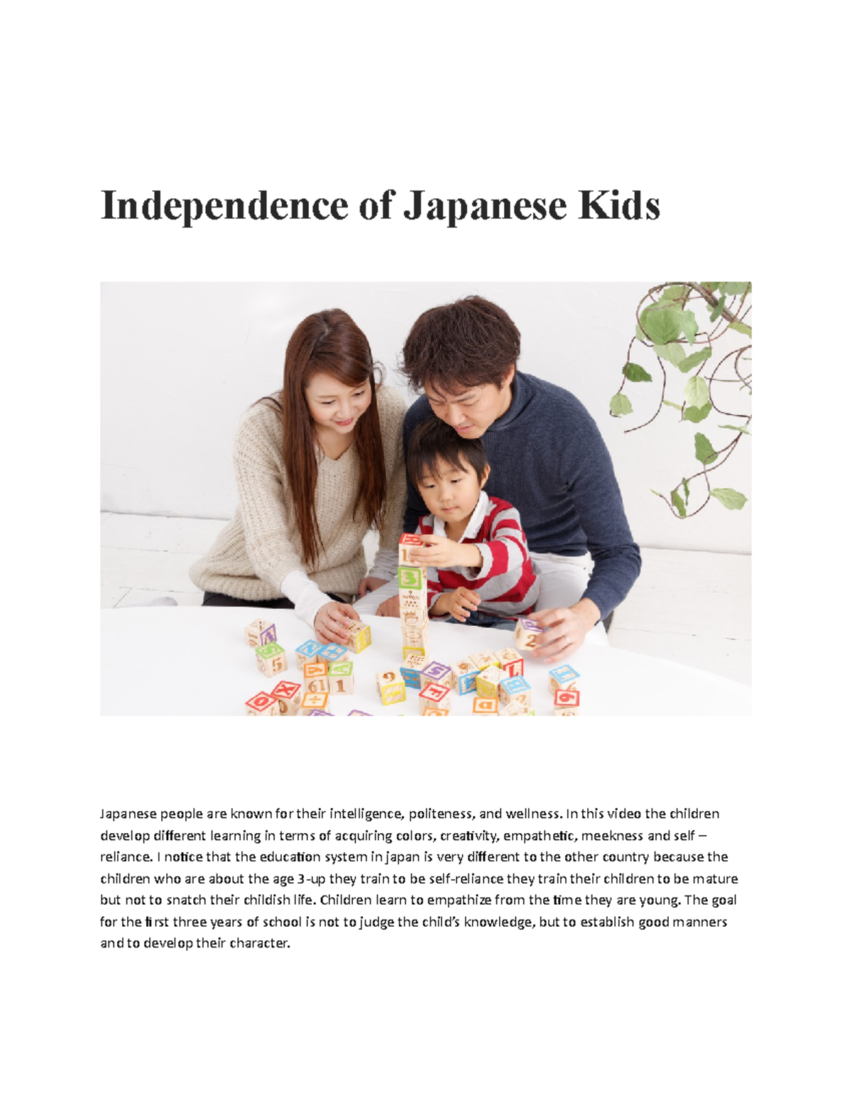 Portfolio 3 - n/a - Independence of Japanese Kids Japanese people are ...