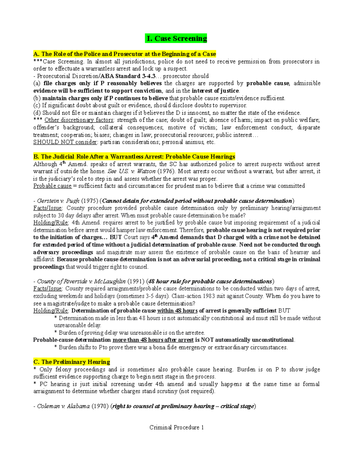 Criminal Procedure - Outline (LB) - I. Case Screening A. The Role of ...