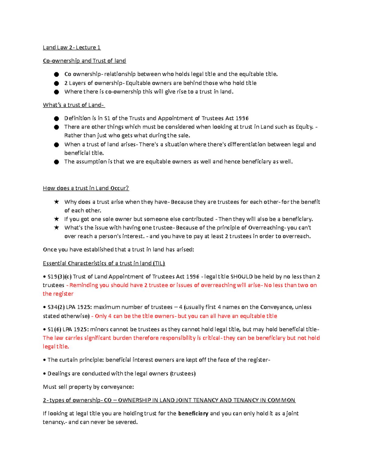 Land Law 2- L1 - Lecture 1 of semester 2 Land Law - Land Law 2- Lecture ...