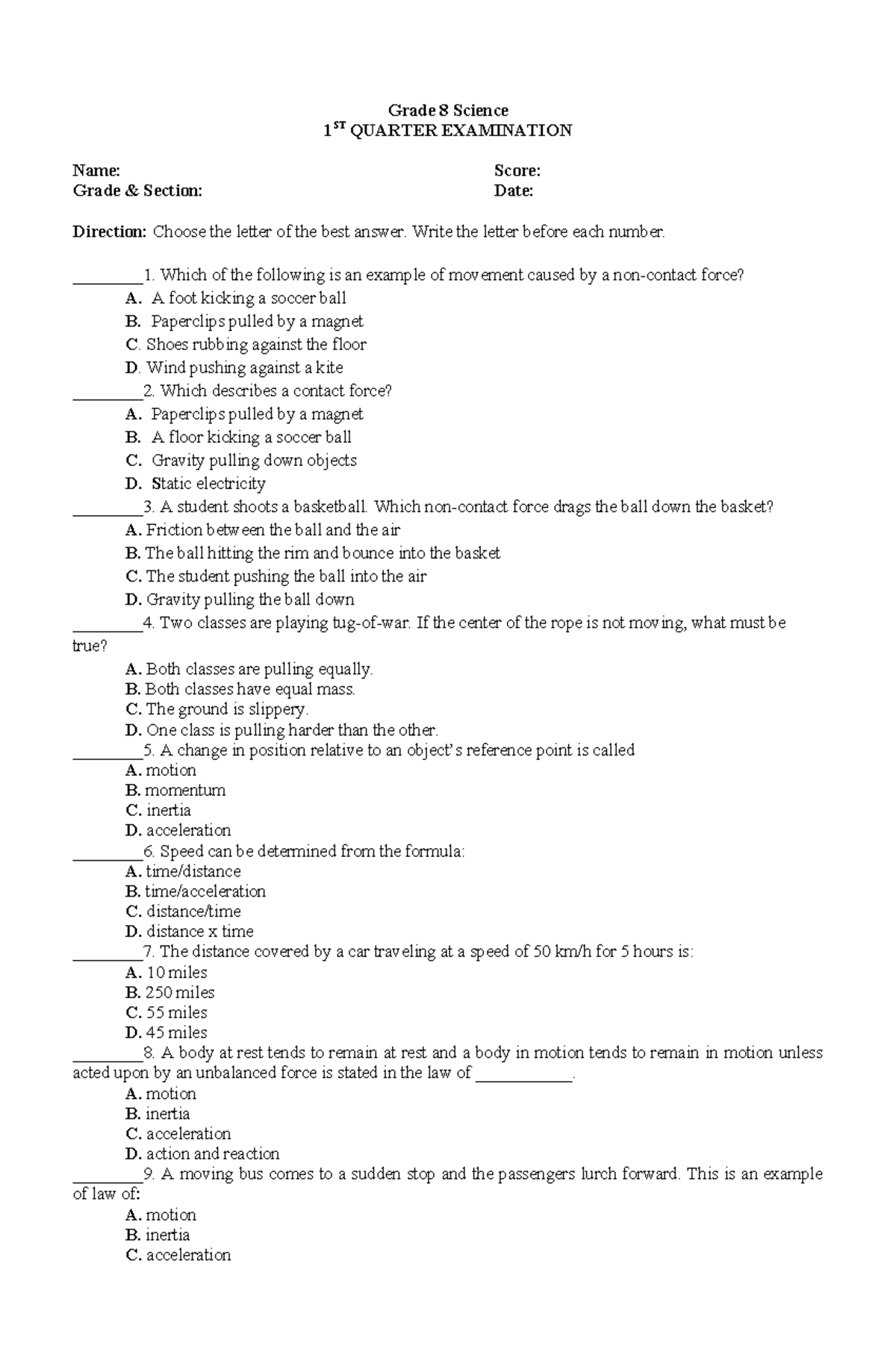 386528890 Grade 8 Science 1st Quarter Suative TEst - Grade 8 Science 1 ...