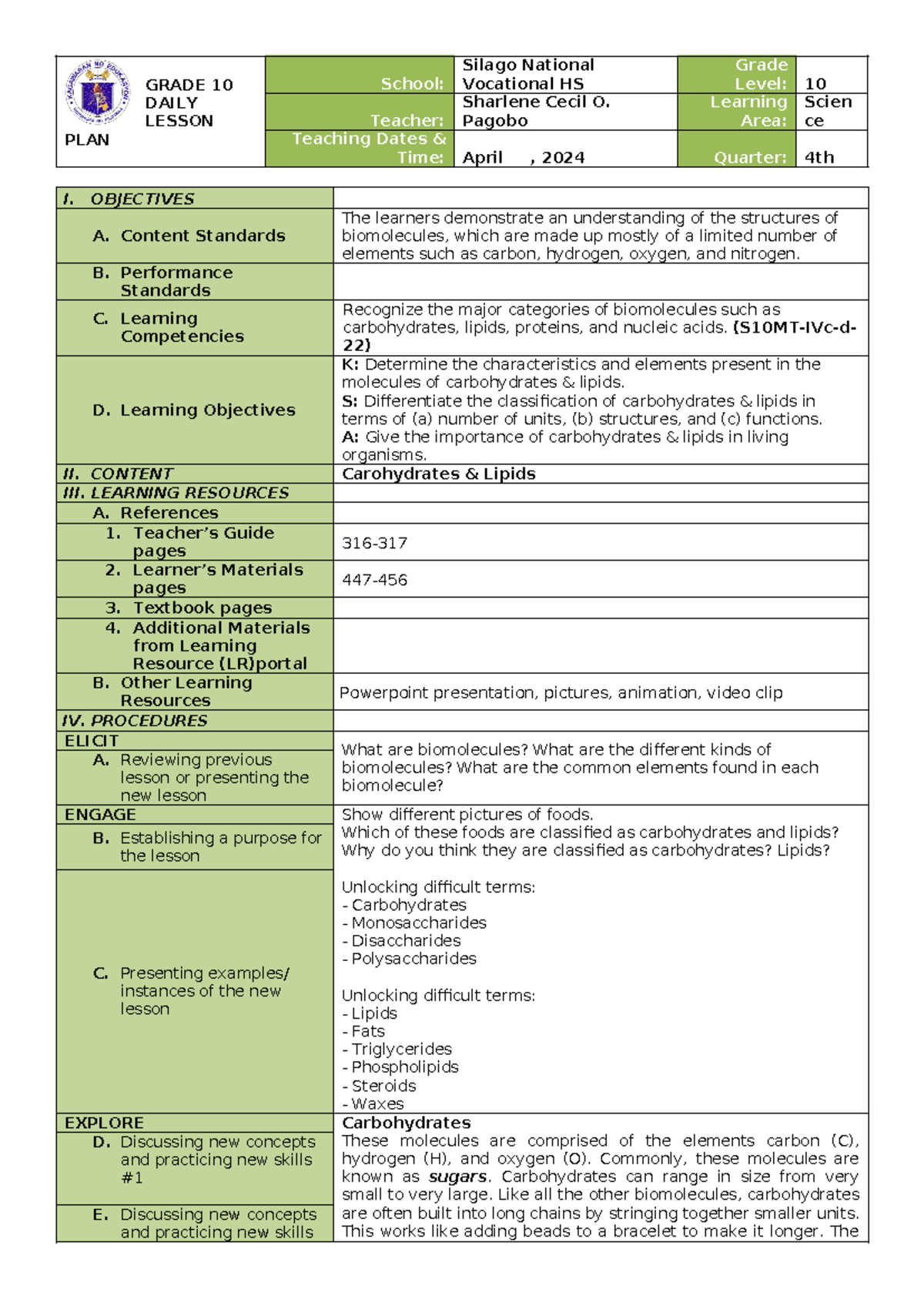 Science 10-DLP8-Carbohydrates & Lipids - GRADE 10 DAILY LESSON PLAN ...