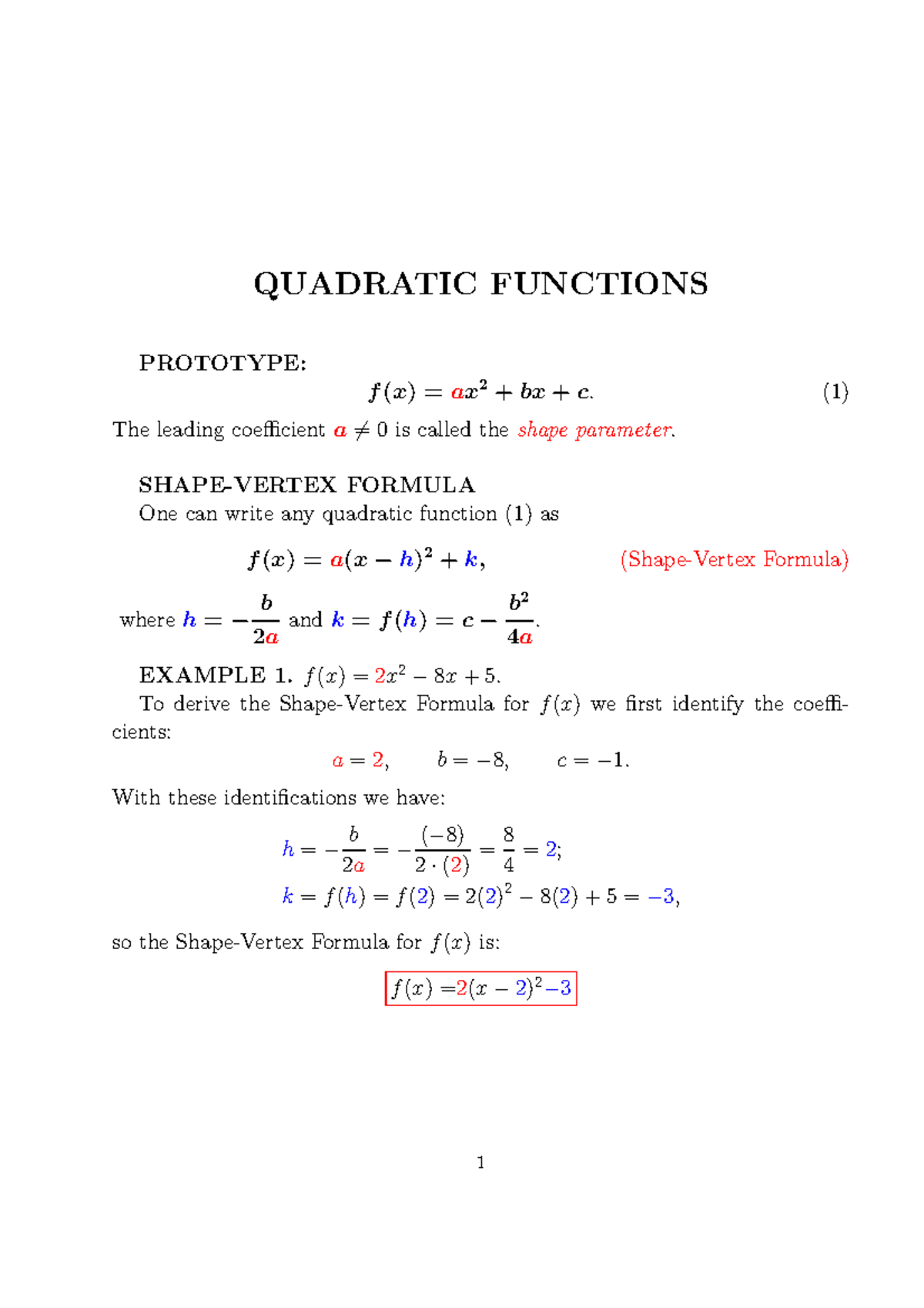 Quadratic - Good for revision - QUADRATIC FUNCTIONS PROTOTYPE: f (x ...