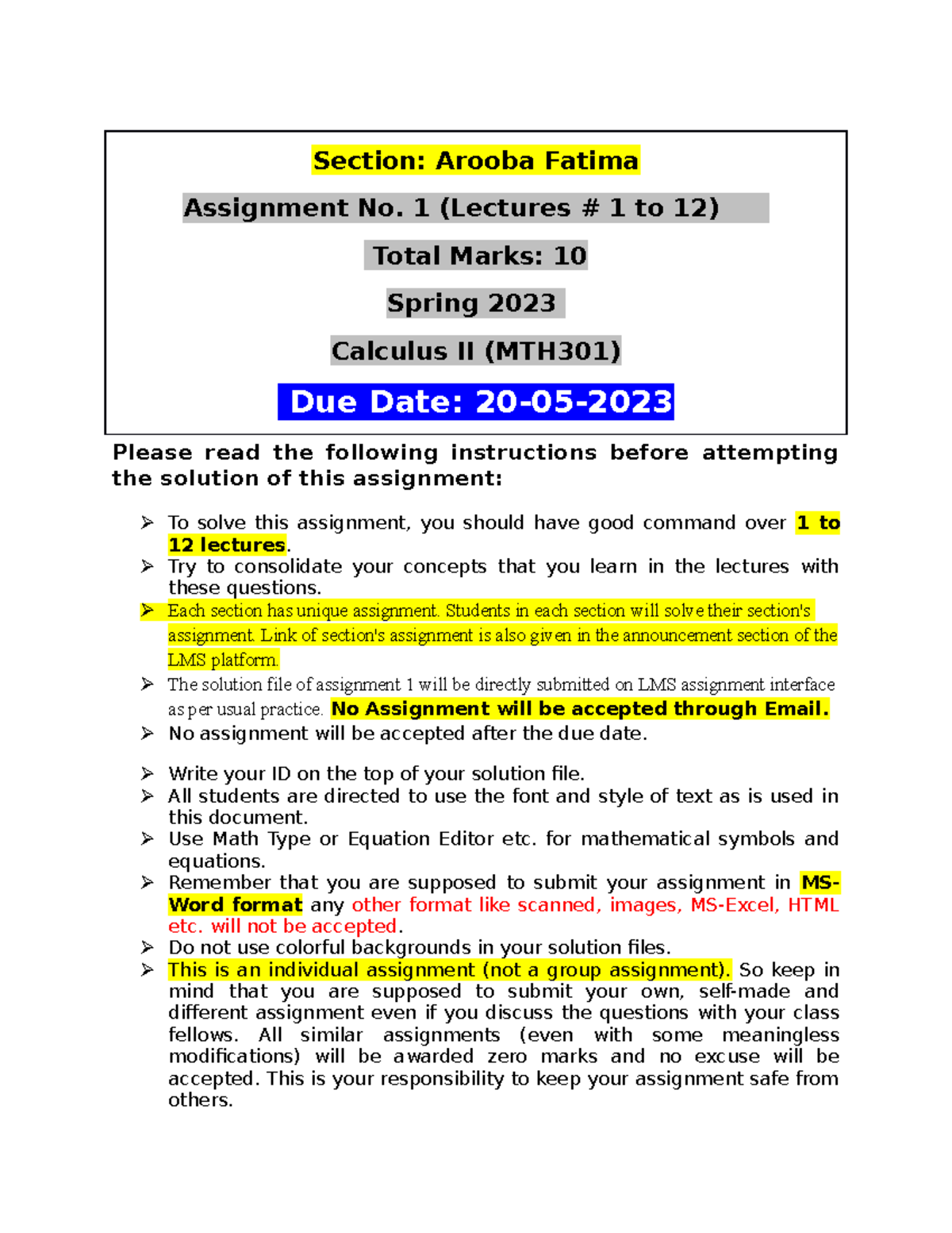 Assignment No 1 MTH301 - Section: Arooba Fatima Assignment No. 1 (Lectures # 1 to 12) Total ...