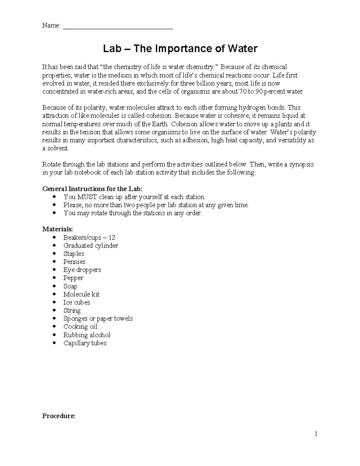 Lab - Importance of Water - Name: _______________________________ Lab ...