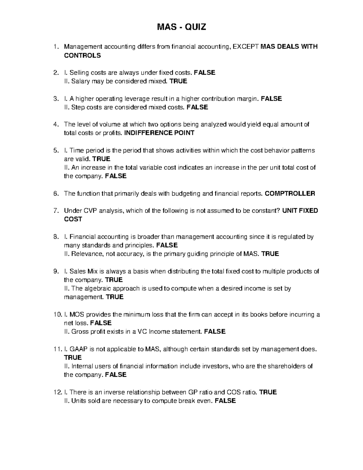 MAS-QUIZ - SUMMARY OF FINANCIAL MANAGEMENT - MAS - QUIZ Management ...