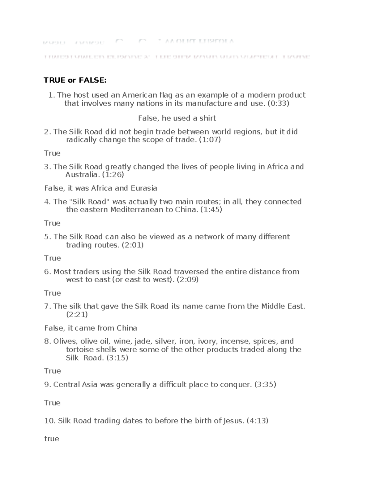 (completed)Crash Course World History Worksheet The Silk Road - TRUE or ...