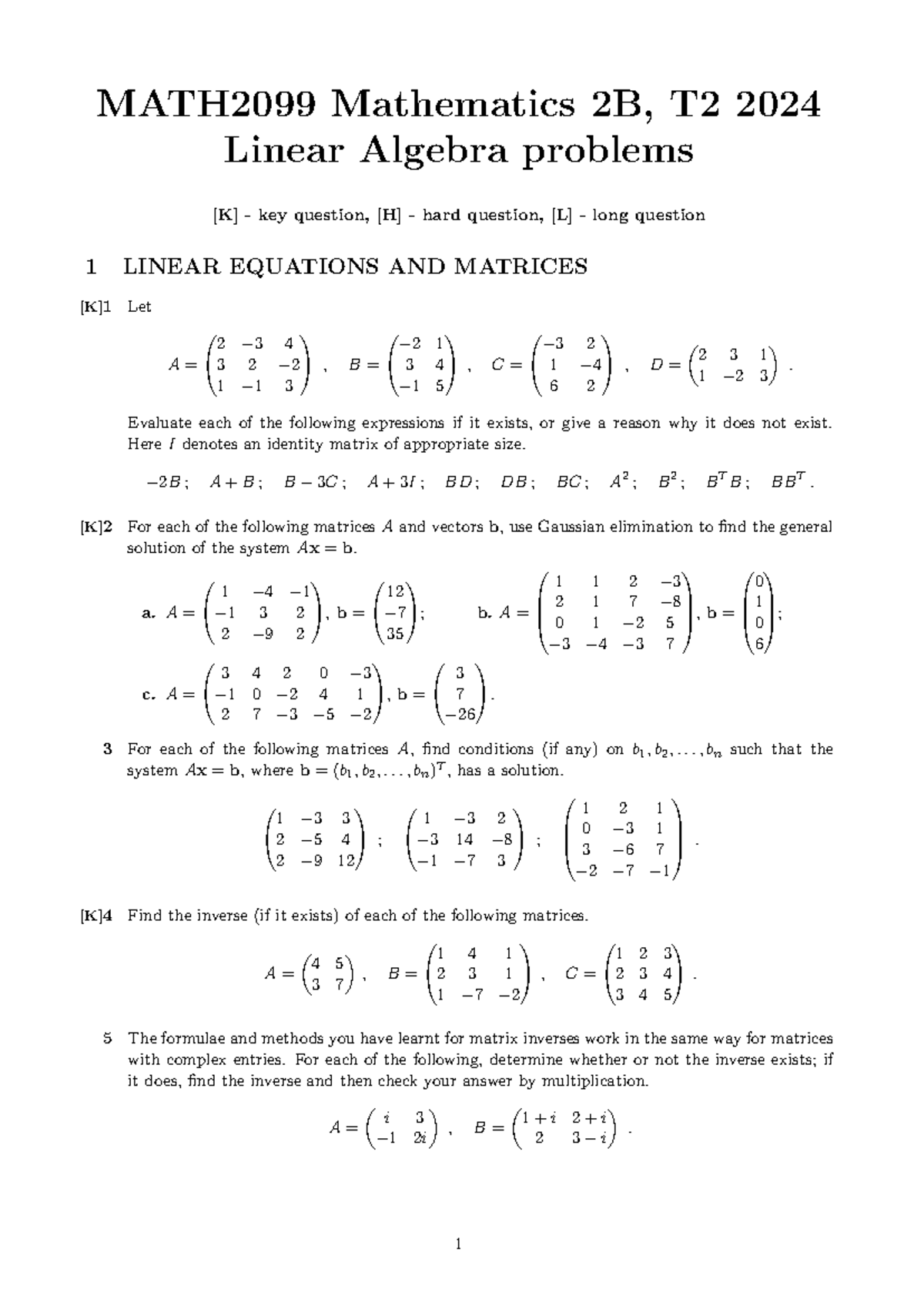 MATH2099 Lin Alg Problems 24 - MATH2099 Mathematics 2B, T2 2024 Linear ...
