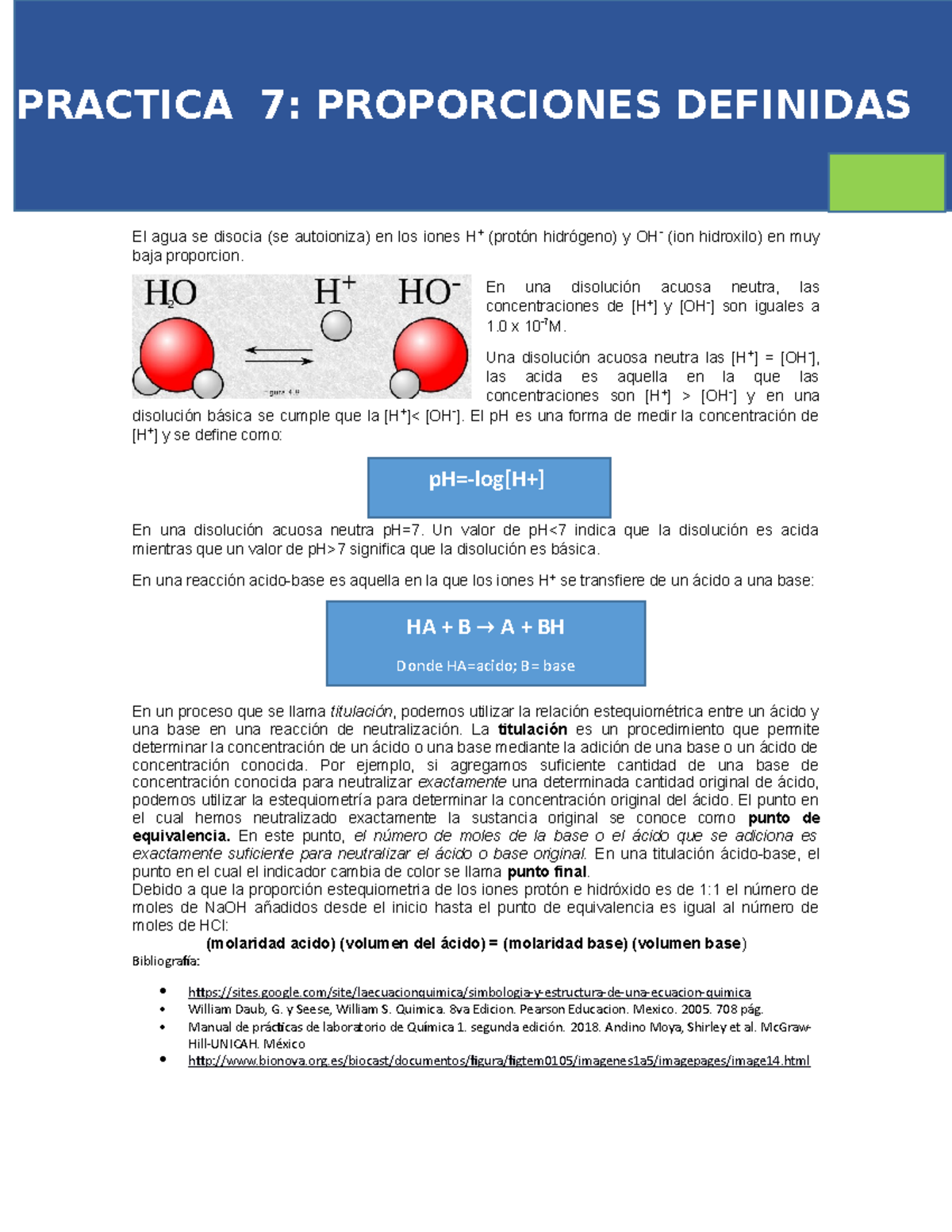 Practica 7-Proporciones definidas - 1. El agua se disocia (se ...