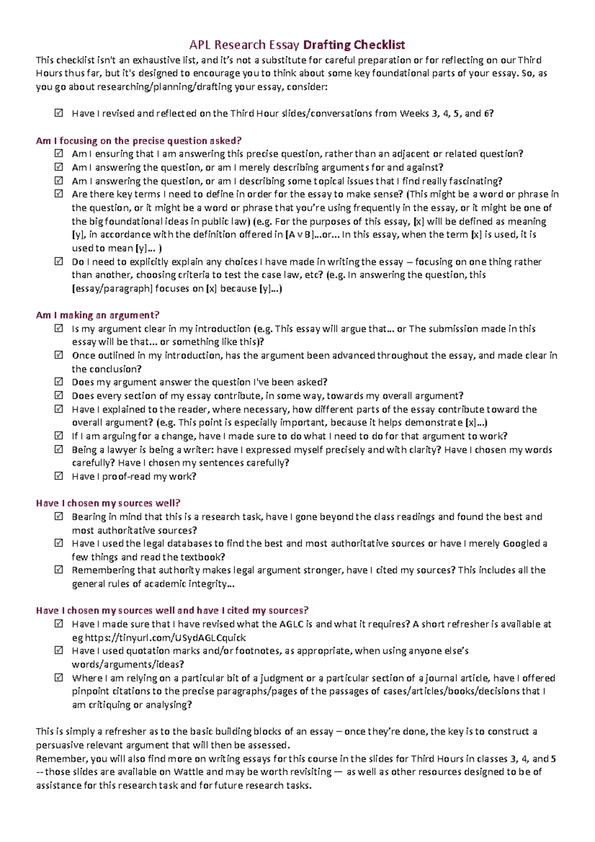 APL Research Essay Drafting Checklist - So, as you go about researching ...