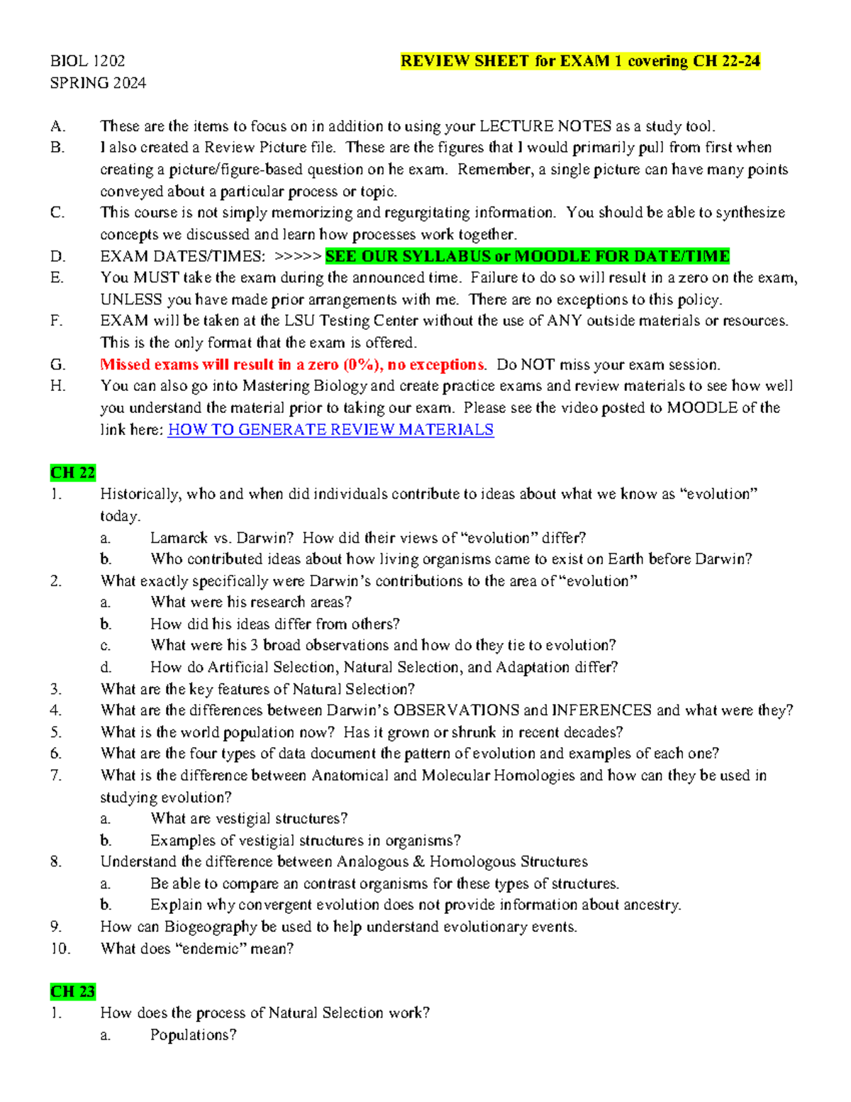 EXAM 1 on CH 22-24 Review Sheet Spring 2024 - BIOL 1202 REVIEW SHEET ...