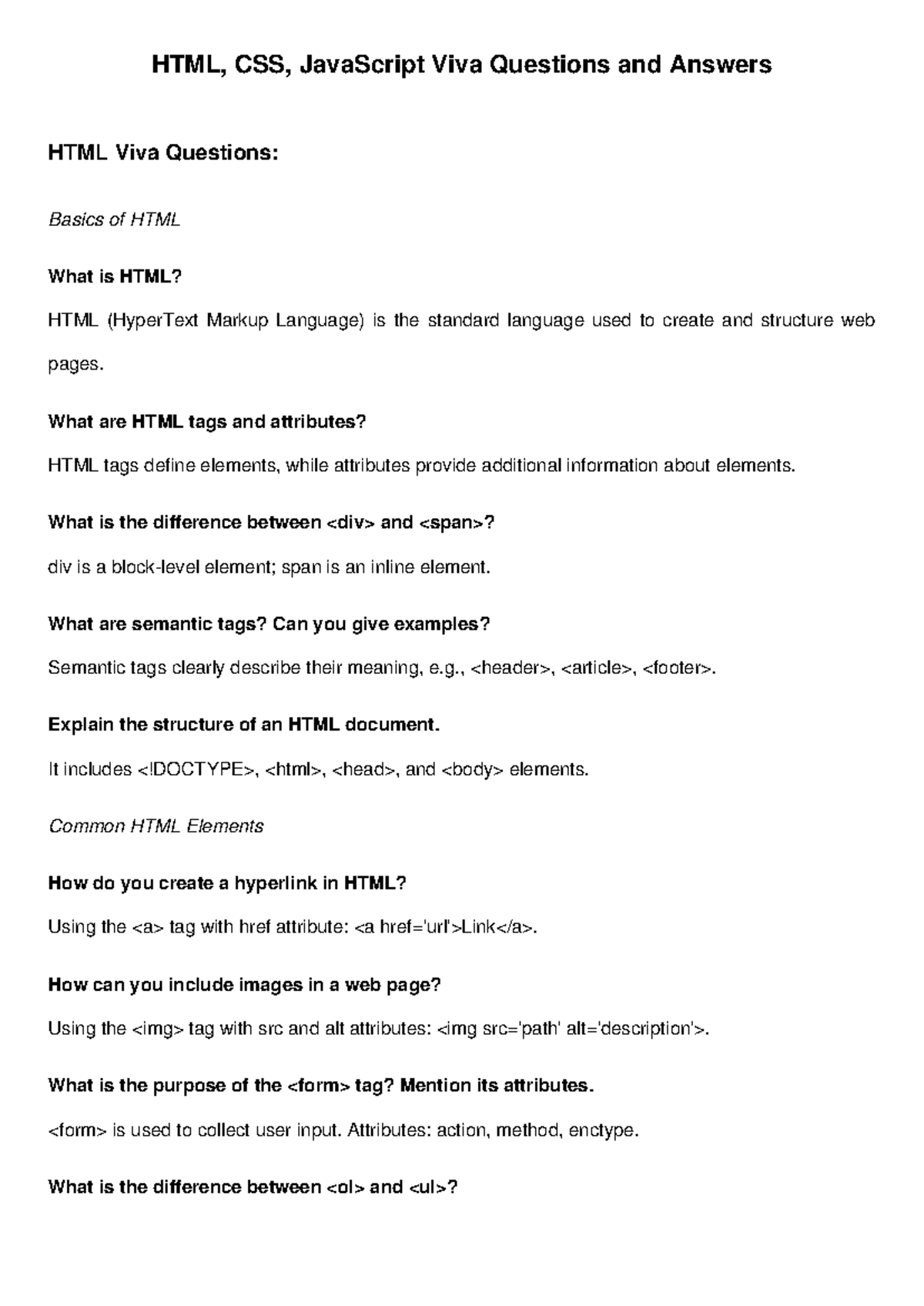 Html Css Js Viva Questions Html Css Javascript Viva Questions And
