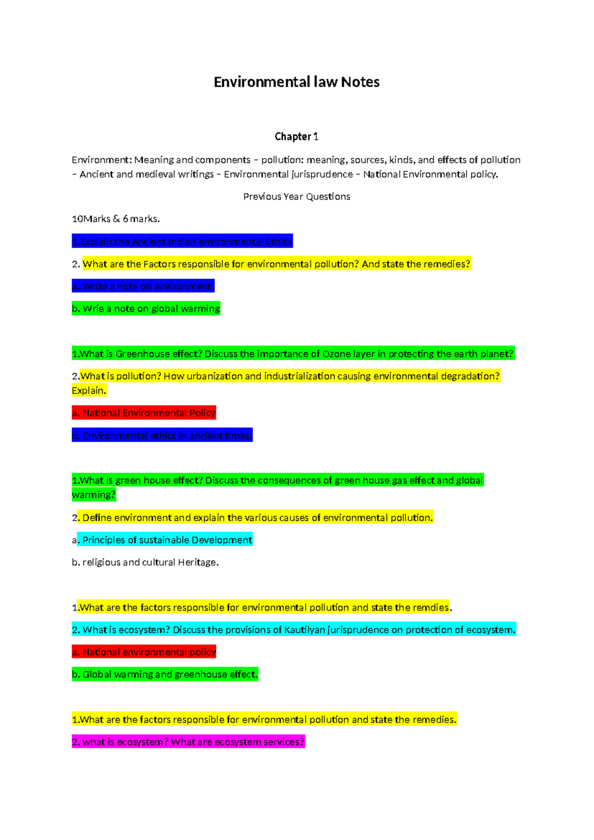 Enviornmental law notes - Environmental law Notes Chapter 1 Environment ...