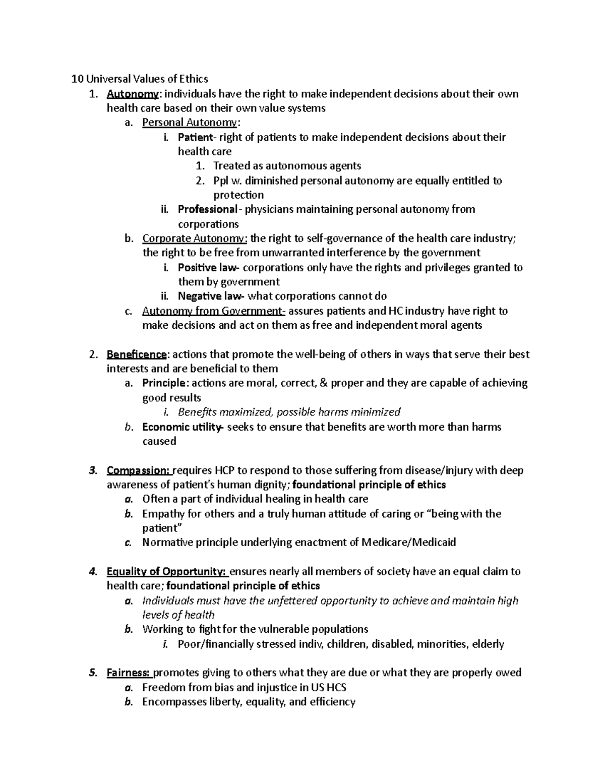 Ethics chapter 2 study guide - 10 Universal Values of Ethics 1 ...