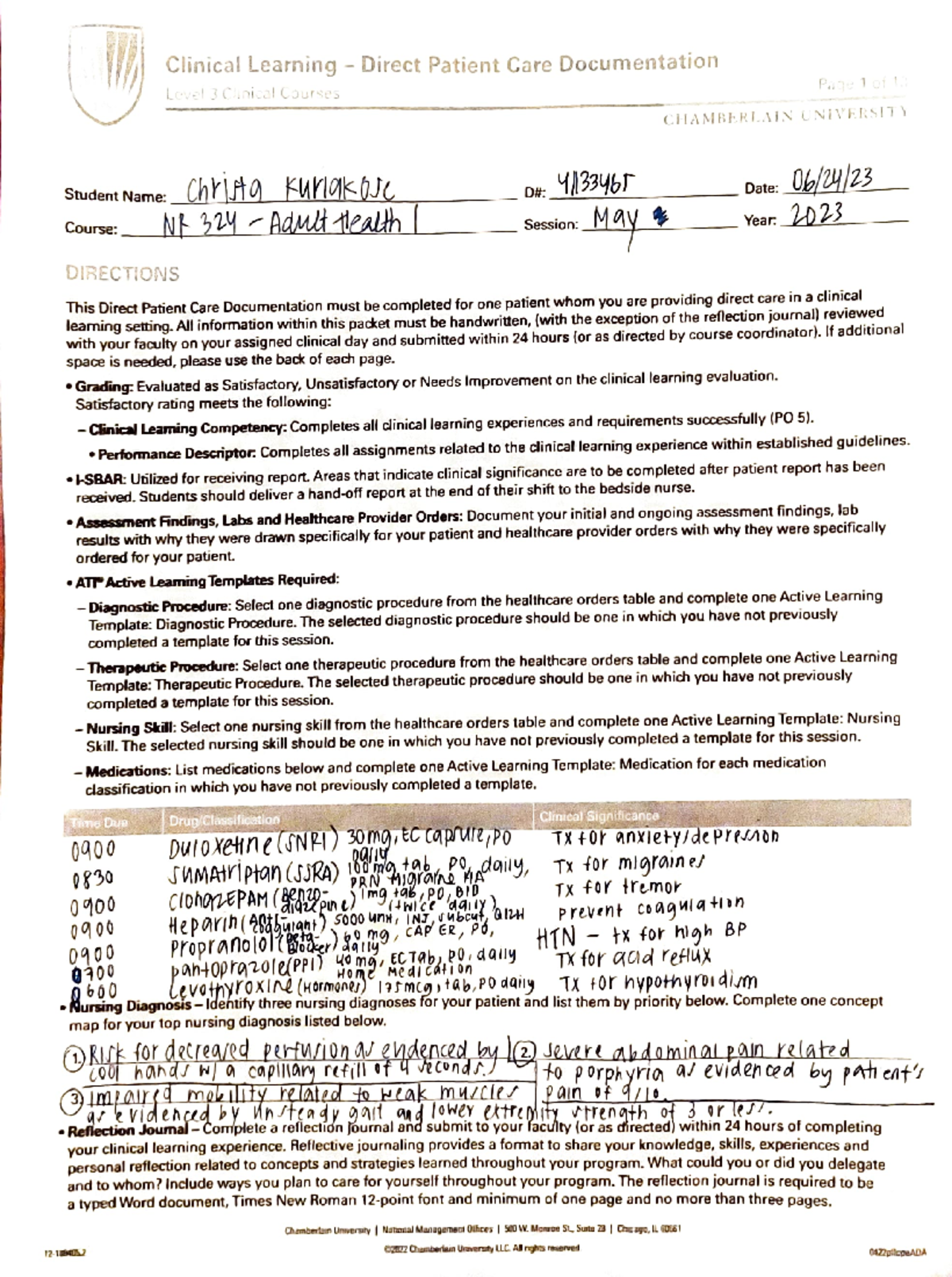 (NR 324) PCD #3 - Patient care documentation - Student Name: Course ...