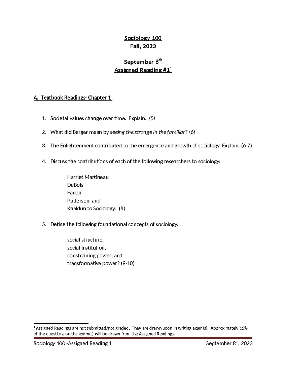 100 Assigned Reading 1- September 8 - Sociology 100 Fall, 2023 ...