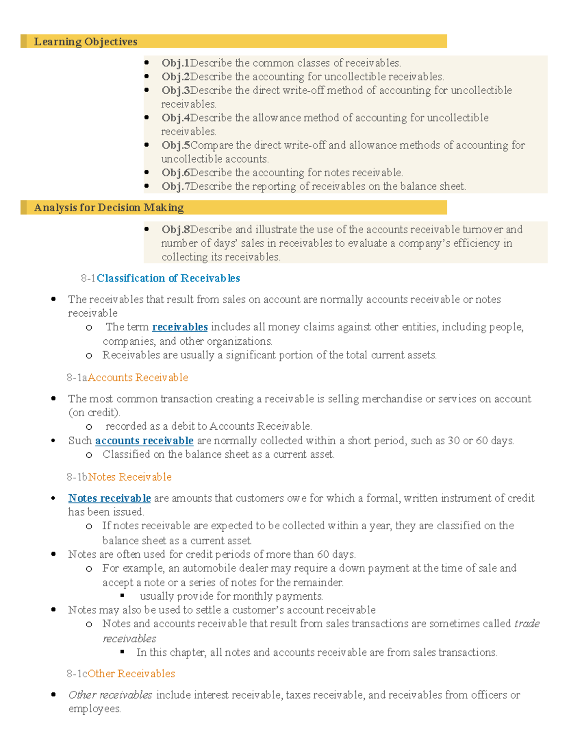 Chapter 8 - Learning Objectives Obj Describe the common classes of receivables. Obj Describe the ...