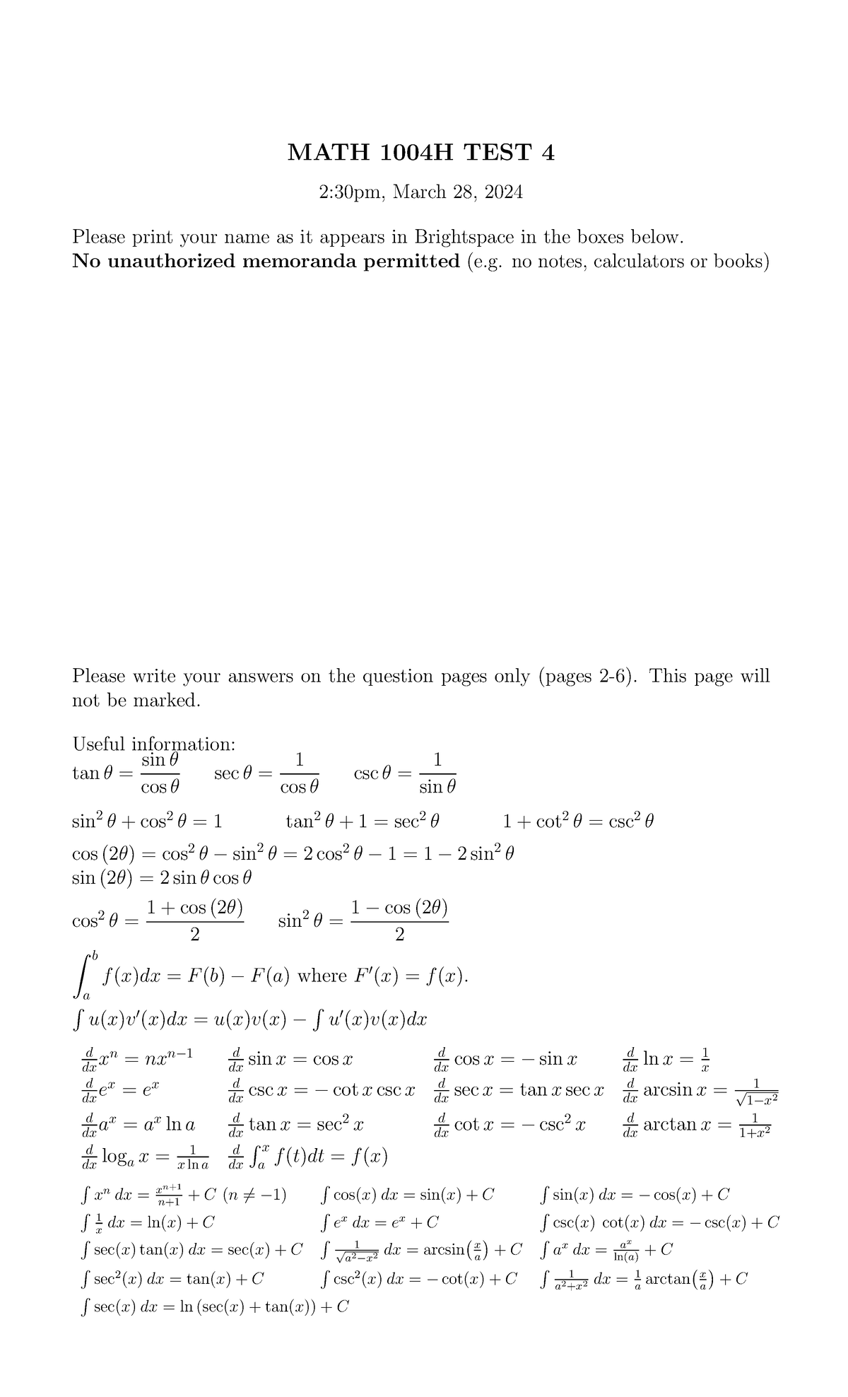 Test 4 Solutions - Test 4 solution - MATH 1004H TEST 4 2:30pm, March 28 ...