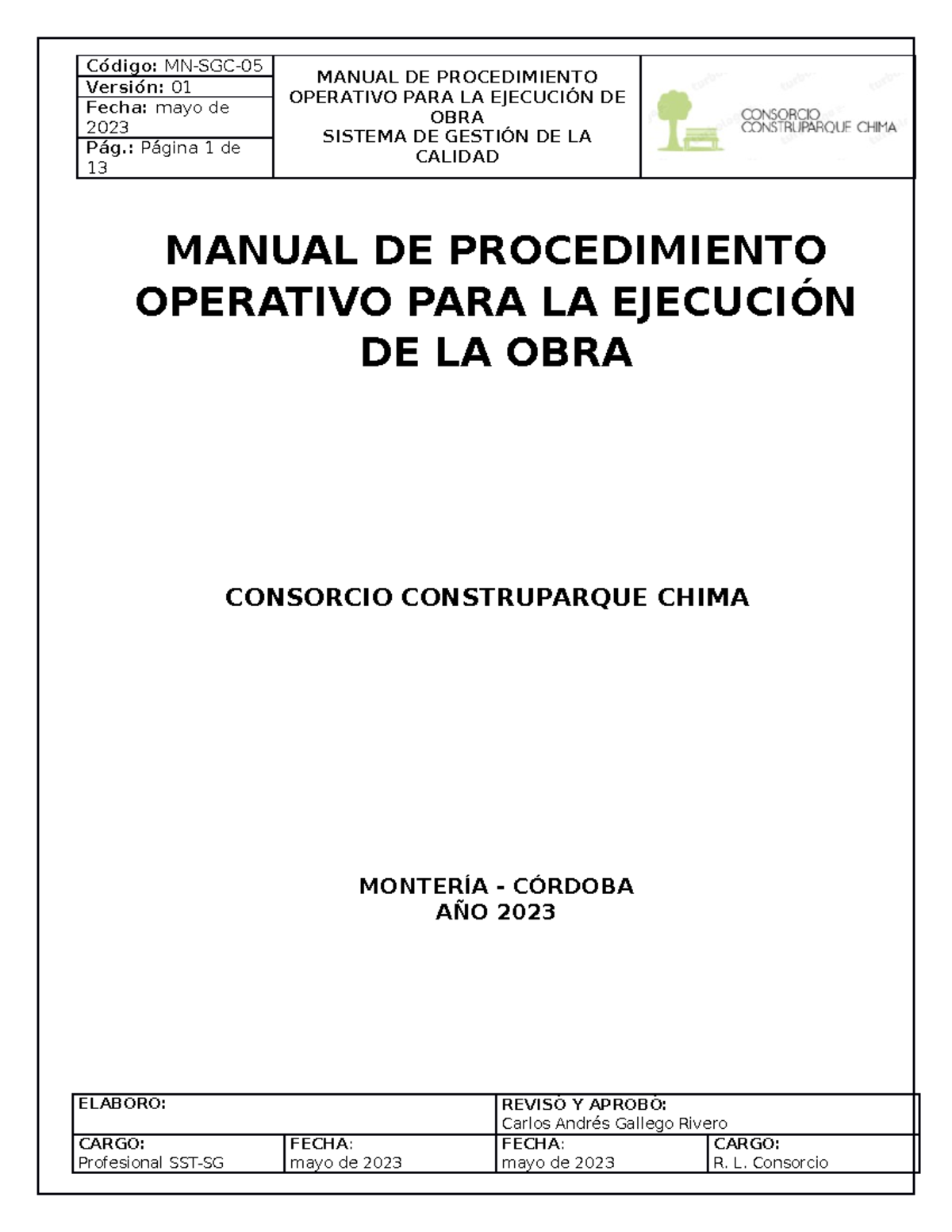 Manual DE Procedimiento Operativo PARA LA Ejecución DE LA OBRA - Código ...