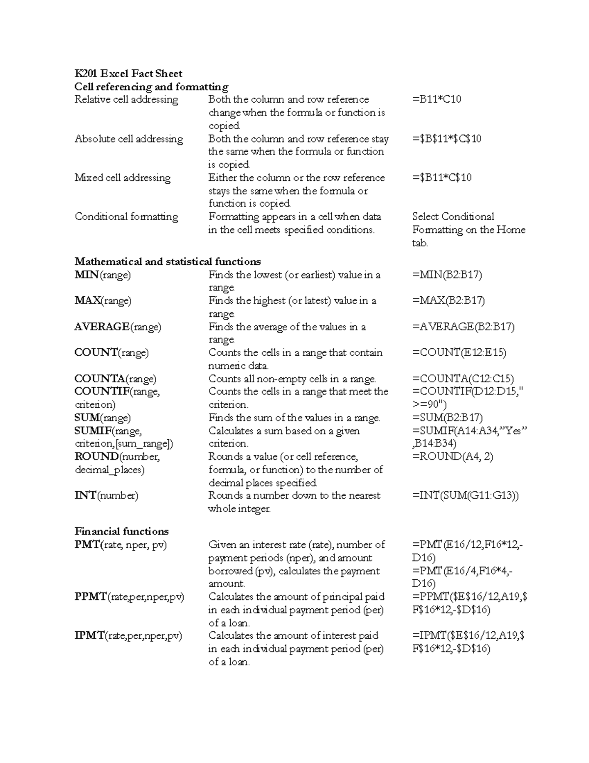 K201 Excel Lab Equation Notes - K201 Excel Fact Sheet Cell referencing ...