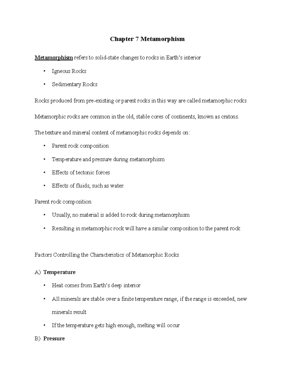 Chapter 7 Notes - Chapter 7 Metamorphism Metamorphism refers to solid ...